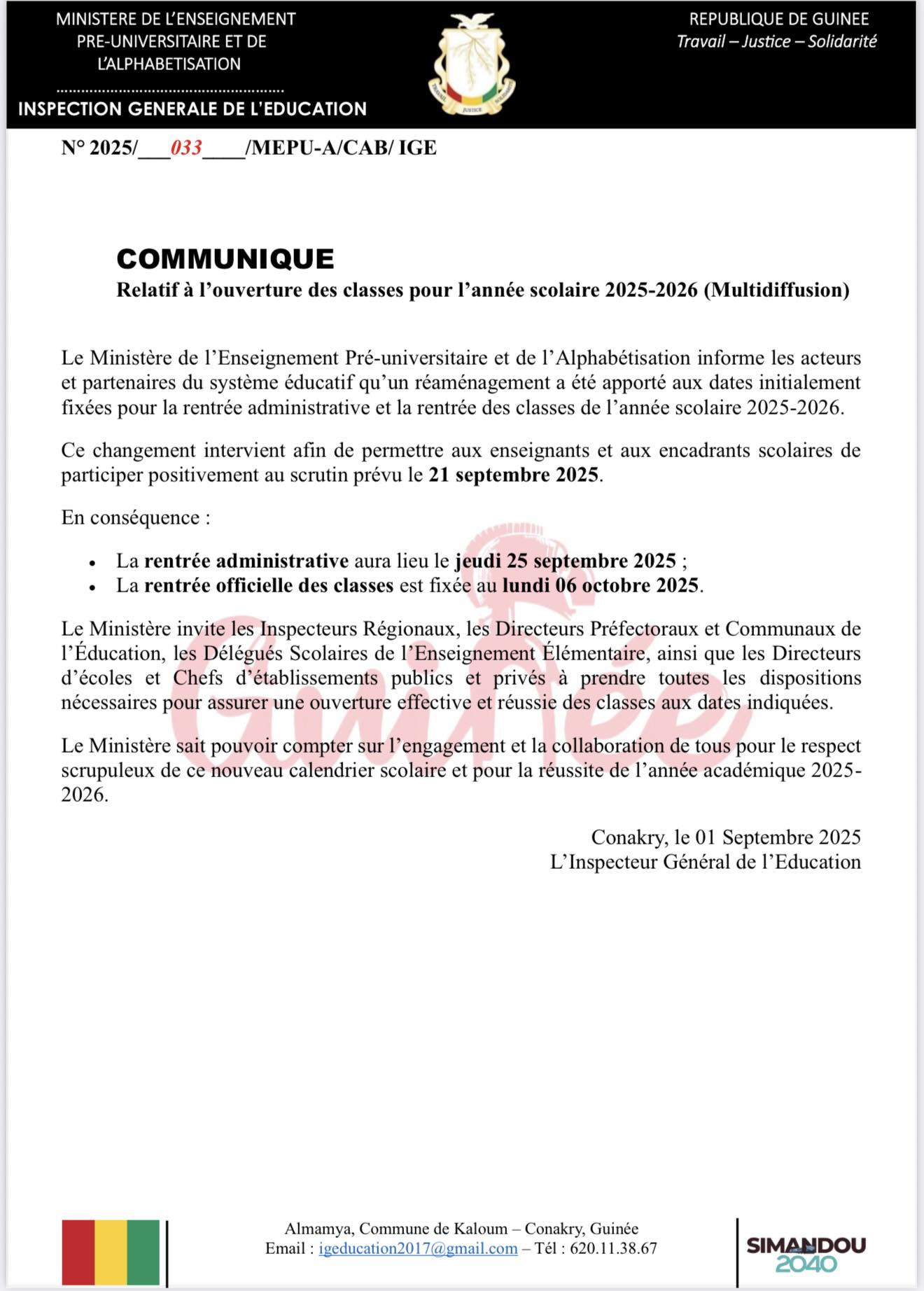 Rentrée scolaire 2025-2026 : le ministère reporte les classes au 6 octobre au Guinée - Journal ...